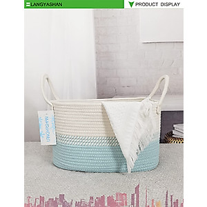 LANGYASHAN Rectangular Woven Rope Basket Decorative Blanket Basket for Living Room Storage or Nursery Laundry Hamper Basket with Handles Laundry Basket(Blue)