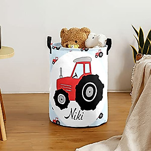 Red Tractor Pattern Laundry Basket Personalized with Name Laundry Hamper with Handle Organizer Storage Bin Bedroom Decor for Boys Girls Adults