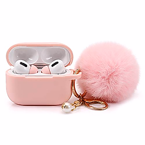 Protective Case Cover for Airpods Pro Charging Case with Ear Tips 1 Pair Kit, Air Pods Silicone Case with Soft Cute Ball Pom Pom Keychain Kit Together with Ear Buds Tips 2&1 (X, Light Pink)