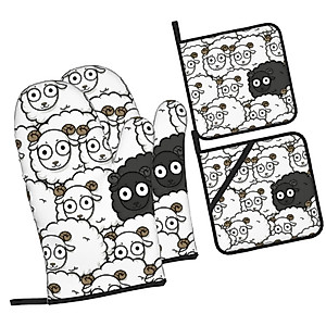 Cartoon Black White Sheep Printed Oven Mitt and Pot Holder Set, Washable Heat Resistant Oven Mitt for Kitchen Cooking Baking Grill