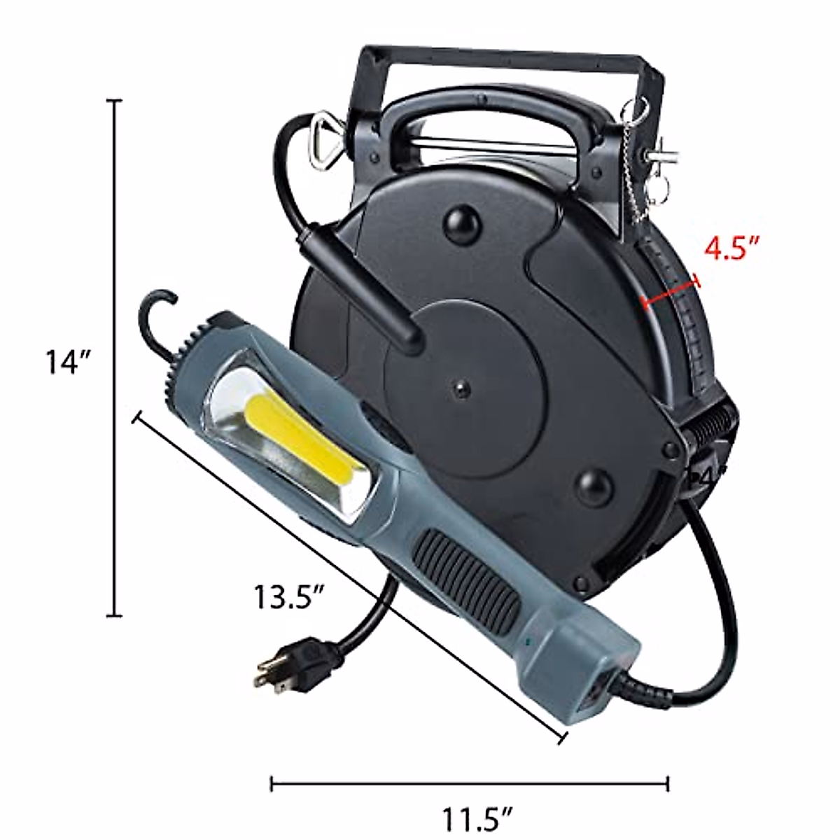Alert ProReel 8150MM Retractable Cord Reel w/LED Work Light | 50' - 16/3 SJTOW Task Light Cord | 14W LED Shop Light Provides 1500 Lumens | Grounded Outlet with On/Off Handle Switch