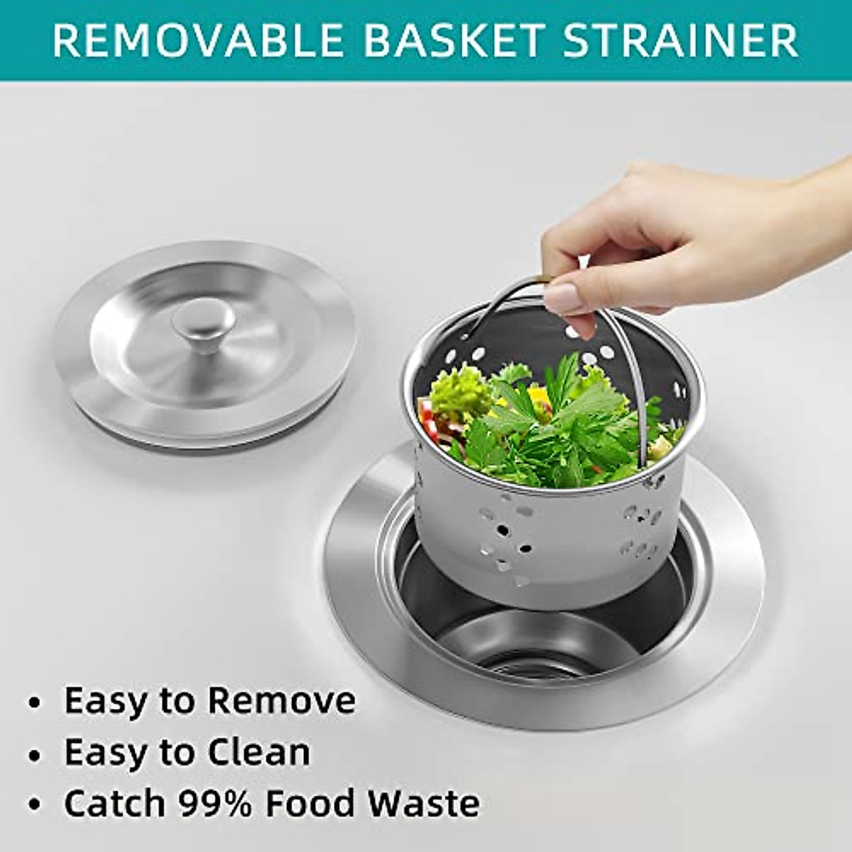 GETPRO Kitchen Sink Drain - 3-1/2 Inch Chrome Brushed Nickel Kitchen Sink Drain Strainer Assembly Kit with Removable Deep Basket & Water Stopper Sealing Lid for Standard Kitchen Sink