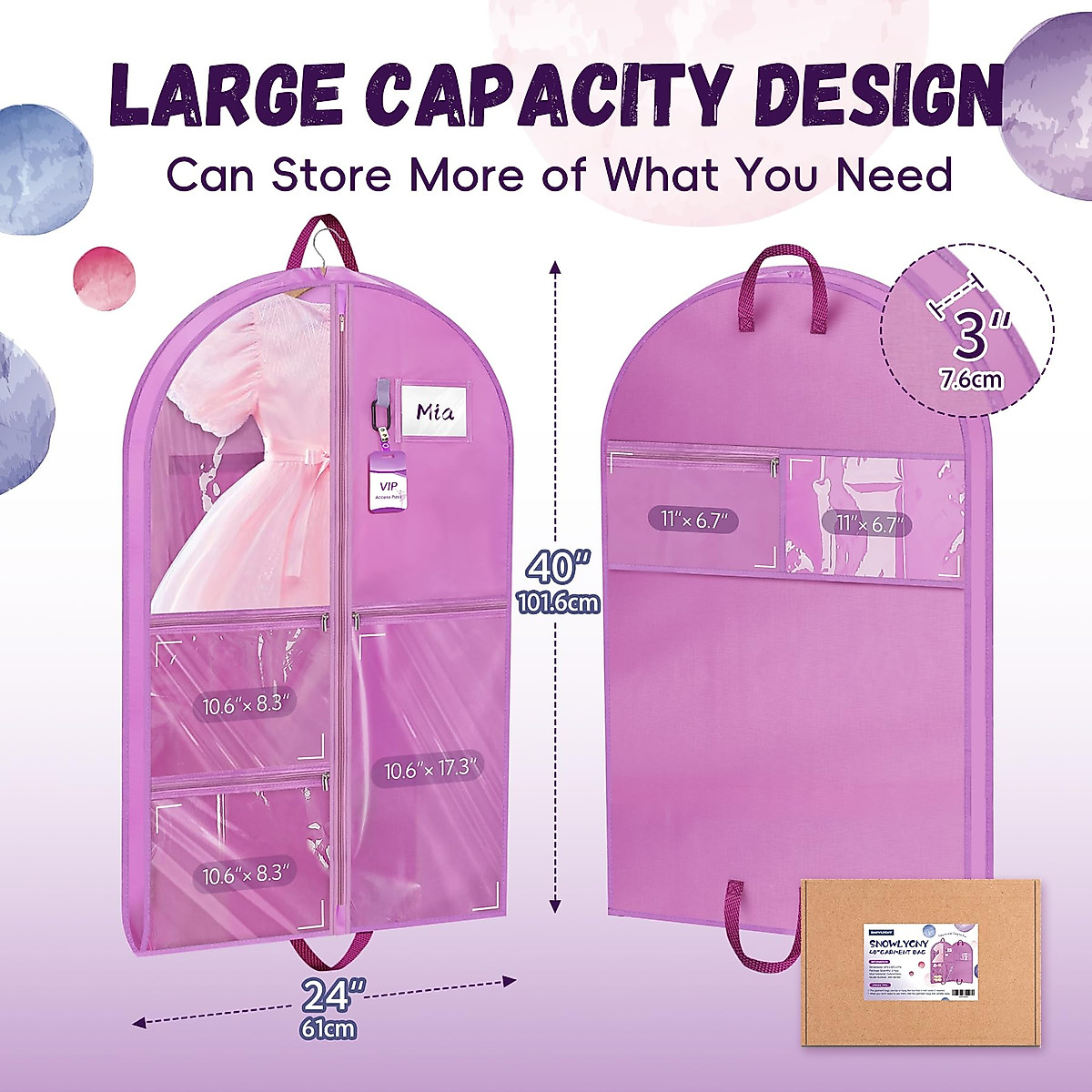 SNOWLYCNY 40" Dance Garment Bags for Dancers, Dance Costume Garment Bag with 6 Pockets for Travel, Clothing Storage and Competition, Kids Garment Bags for Hanging Clothes, Dress, 2 Pack, Purple