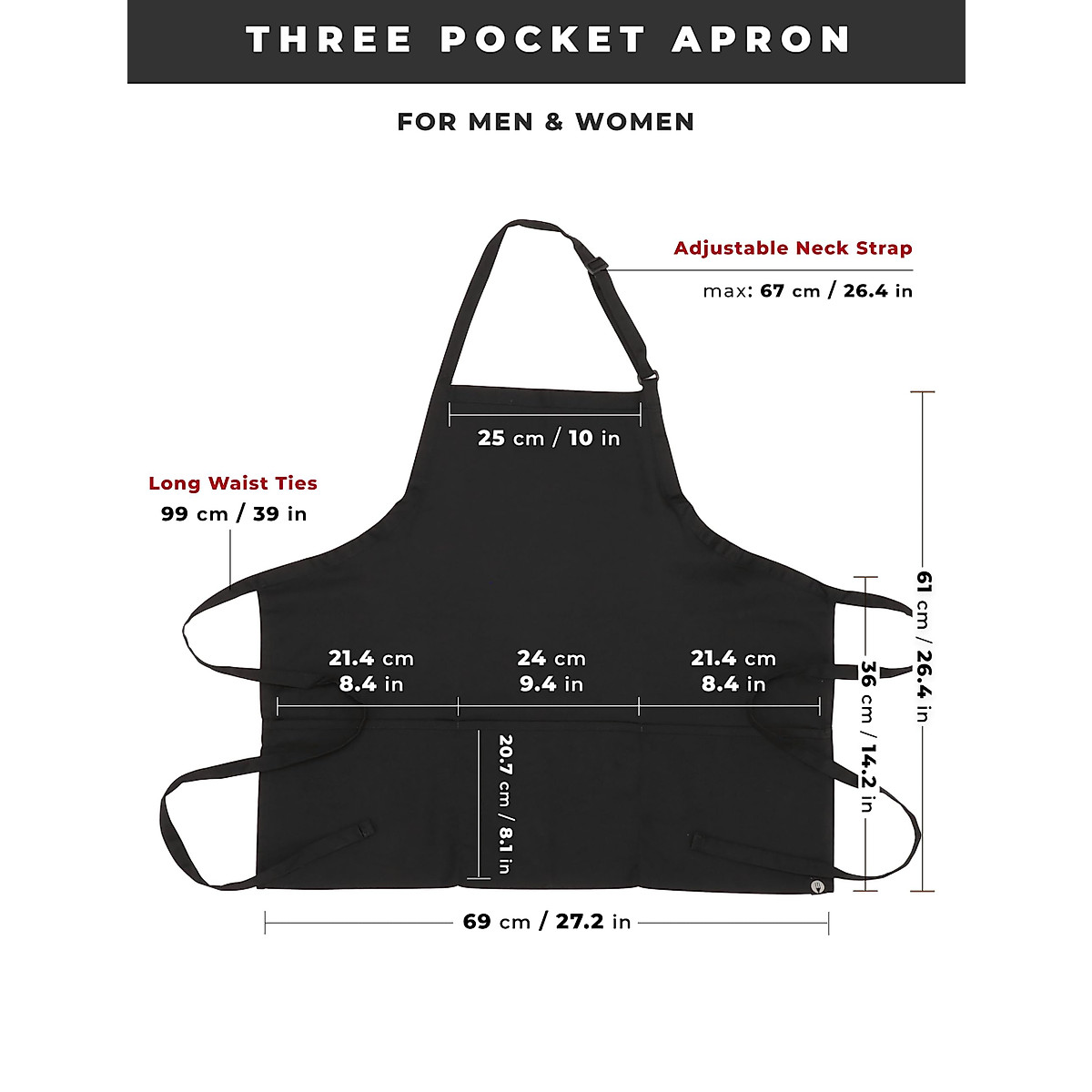 Chef Works Unisex Three Pocket Apron, Black, One Size (2 Pack)