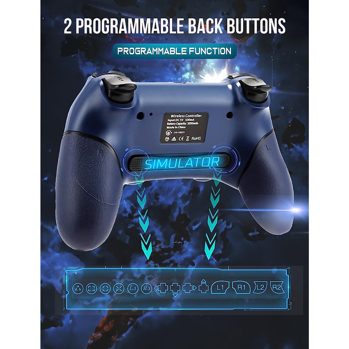 TJPD Wireless Controller for PS4, Wireless Remote Gamepad with 2 Programmable Back Buttons/Turbo/Dual Vibration/Touch Pad/Six-axis Motion (Blue) (Blue)