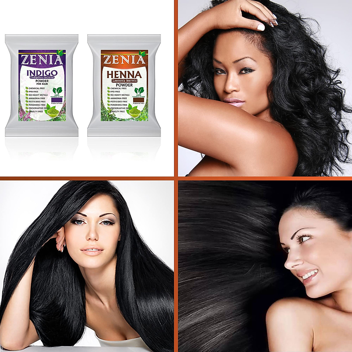 Zenia 100% Pure Indigo Powder and Henna Powder Hair Color Combo Kit | for Coloring Hair and Beard Black | 100 Grams Each | All Natural, Chemical Free, PPD-free, Ammonia-free