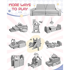 YEFU 15pcs Modular Kids Play Couch for Toddler-Cushion for Nugget Couch Kids, Convertible Kids Play Couch-Kids Sofa for Playroom and Bedroom Furniture for Toddlers, Play Couch for Boys and Girls, Grey