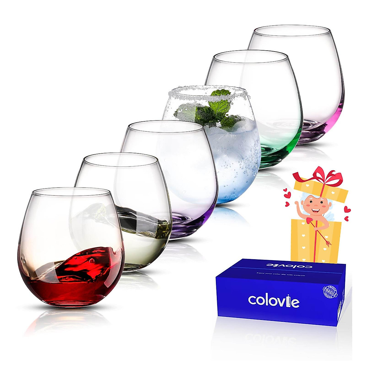 ColoVie 15 oz Stemless Wine Glasses Set of 6, Large Colored Wine Glasses, Short Wine Glass Set for Red Wine, White Wine, No Stem Margarita Glasses