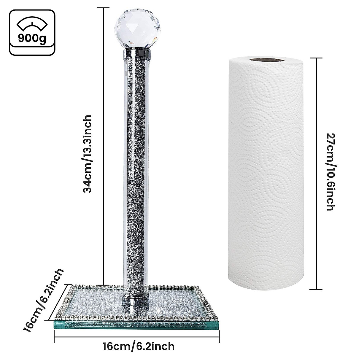 Crystal Paper Towel Holder Stand, Bling Glass Handmade Kitchen Countertop Paper Towel Roll Dispenser Holders, Diamond Effect Standing Bathroom Decor Paper Towel Holder with Cube Base