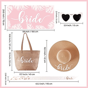 5 pc Bride Beach Bag Honeymoon Gift, Bachelorette Gifts for Bride, Bride to be Gifts, Bride Straw Sun Hat, Bag, Microfiber Towel, Silk Scarf, Sunglasses, Bridal Shower Gift (Bride Beach Gift Set)