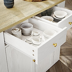 IRONCK Kitchen Island with Storage, with 2 Stools, Ample Storage Space with Power Strip, Large Countertop with Drop-Leaf Design, 2-Door Cabinet and 5 Open Side Racks/2 Utility Drawers, White