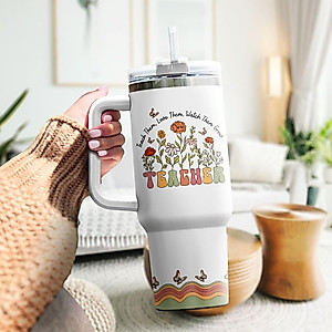 99OWL Teacher Wildflower Retro Vintage Nutrition Facts, Tumbler 40 Oz With Handle Lid And Straw, Teacher Gifts, Stainless Music Teachers Floral Gift Coffee Water Flower Cups Funny