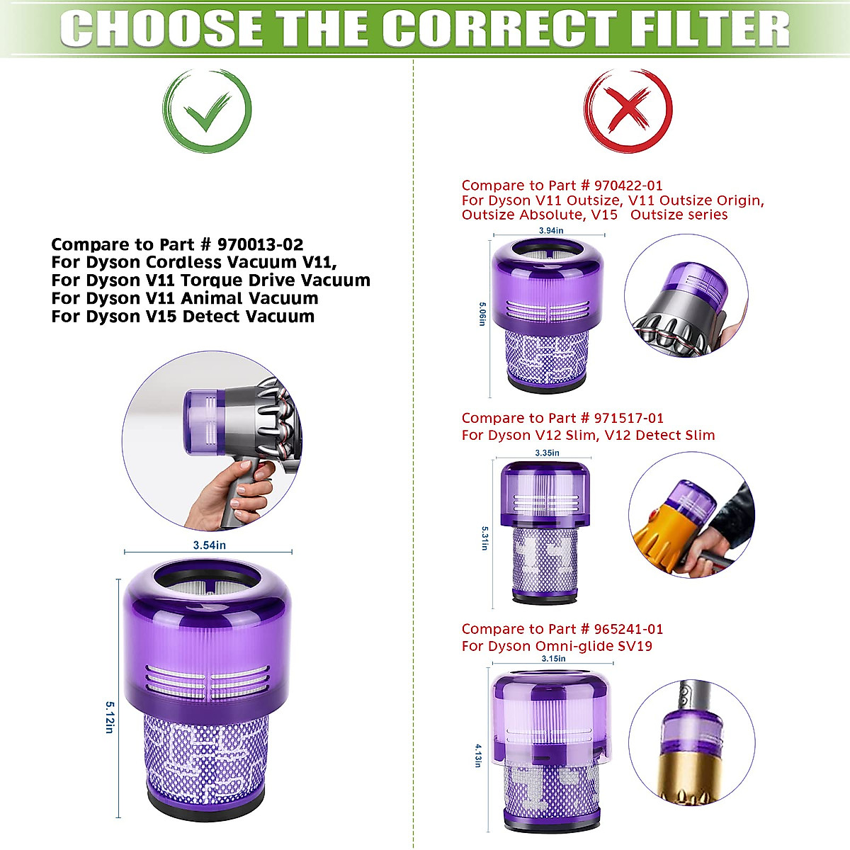 Anicell 3 Pack V15 Filter Replacement for Dyson V11 Animal V11 Torque Drive V15 Detect Cordless Vacuum, Compare to Part # 970013-02