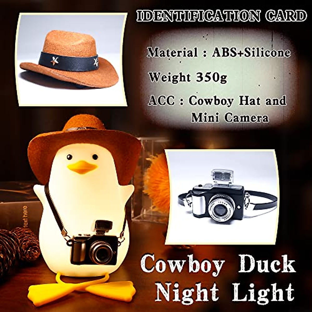 Hinittey Cute Cowboy Duck Lamp, Silicone Duck Light with Cowboy Hat & Mini Camera & USB Rechargeable & Touch Control Dimmable & Timer for Nursery, Birthday Xmas Baptism Gifts for Babys Girls Boys