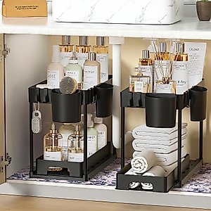 2 Pack Under Sink Organizers and Storage with Under Sink Mat, 2 Tier Black Pull Out Bathroom Cabinet Organizer , Cabinet Organizer with Hooks and Hanging Cups for Home Bathroom Kitchen Organization