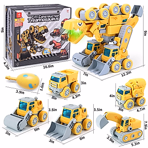 Grechi Take Apart Dinosaur Toys for Kids 5-8, 5 in 1 Construction Vehicles Transform into Big Dinosaur Robot STEM Toys for 3 4 5 6 7 8 Year Old Kids, Boys