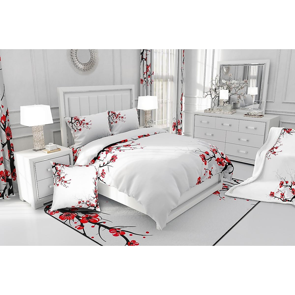 Japanese Duvet Cover Twin Size,Kids Girls Spring Cherry Blossom Comforter Cover Asian Botanic Themed Pattern Fresh Organic Art Bedding Set, Branch of Red Flowers Decorative Bedspreads White Black