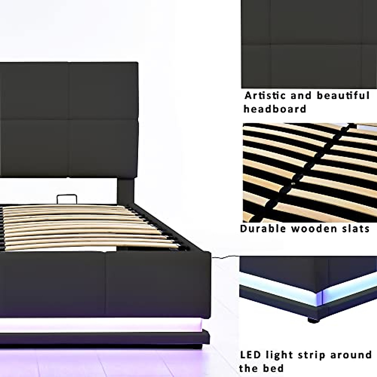 Tufted PU Upholstered Platform Bed with LED Lights and Build-in USB Charger, Queen Upholstered Bed Frame with Hydraulic Storage System, for Kid's Bedroom Furniture (Black Upholstered Platform Bed)