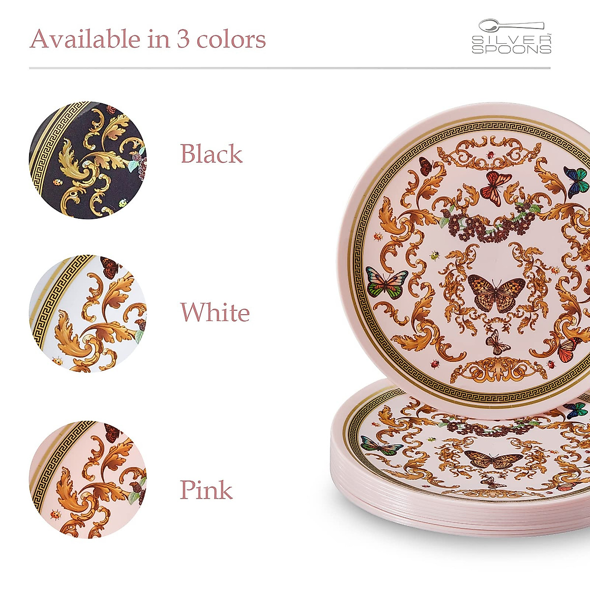 Butterfly Garden Plastic Salad Plates for Party (10 PC) Heavy Duty Disposable Dinner Set 9", Fine China Look Dishes for Baby Showers, Birthdays, Weddings, Engagements & Events - Blush - Versi