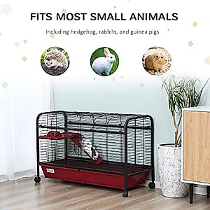 PawHut 41" L Small Animal Cage Rabbit Hutch Ferret Pet Play House with Feeder, Rolling Wheels, Platform, Ramp