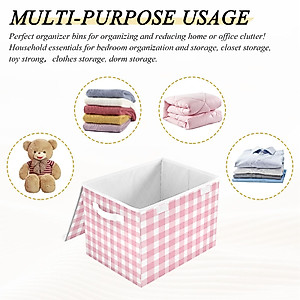 Moudou Pink Buffalo Plaid Storage Bin with Lid, Large Collapsible Cube Storage Box for Closet, Office, Bedroom, Home Decor