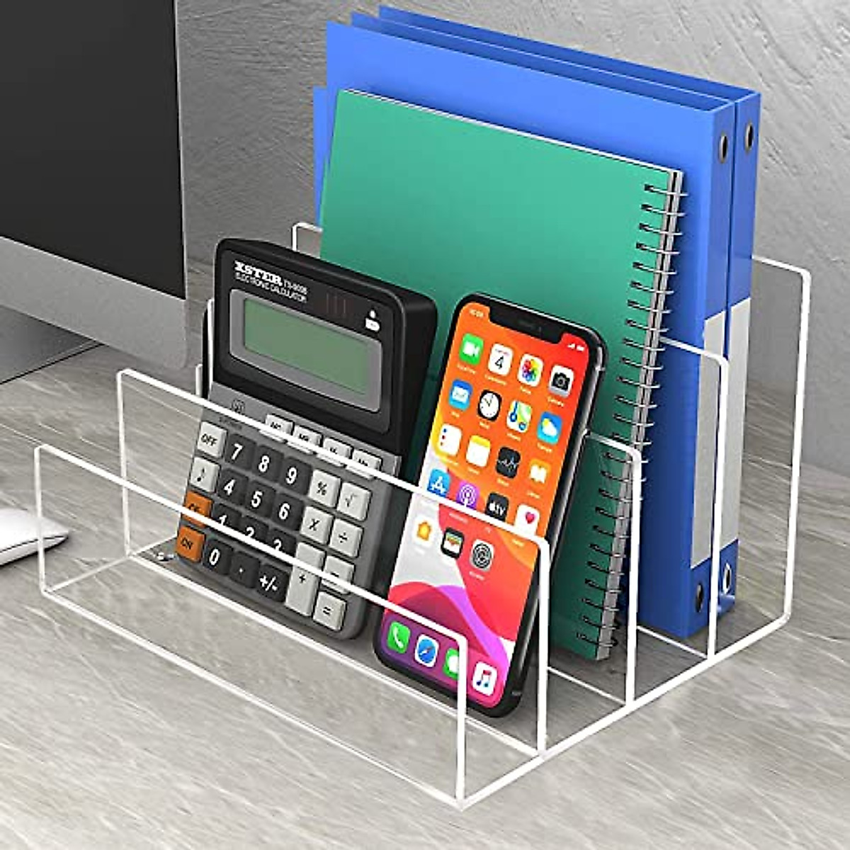 Halyuhn Acrylic Desk File Organizer, 4Sections Clear File Organizer for Desk, Letter Organizer Desktop, Acrylic Mail Organizer Countertop for Notebook, Document and Mail, File Holder for Desk,1Pcs
