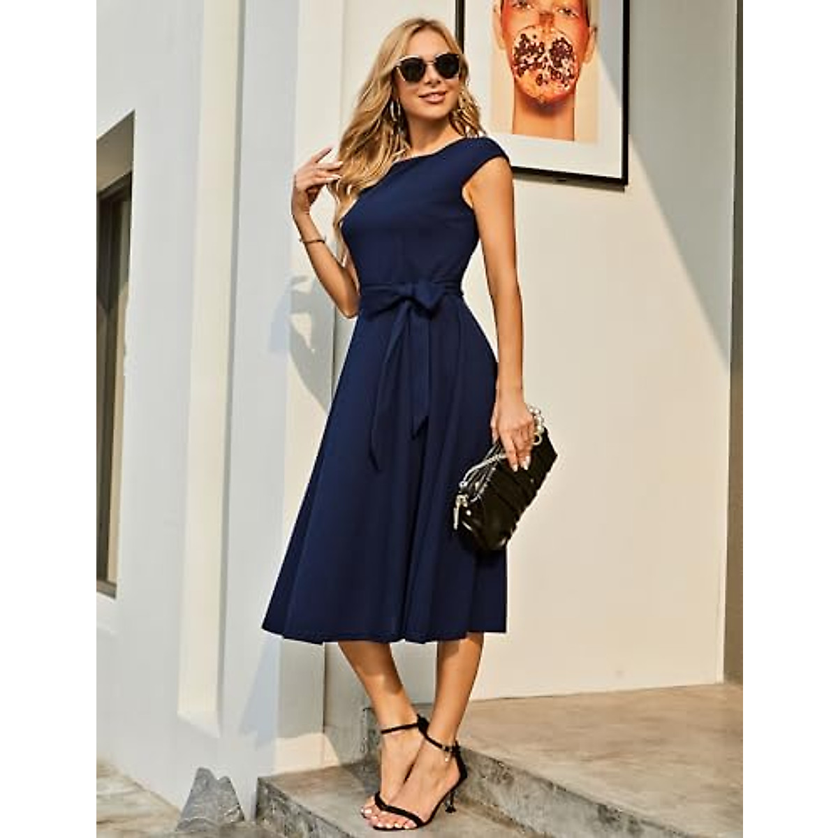 DRESSTELLS Women's Cocktail Dresses for Wedding Guest 2024, Formal Fit Flare Homecoming Prom Vintage Tea Party Hepburn Dress, Modest Funeral Midi Dress Navy M