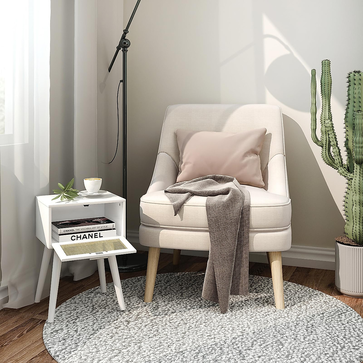 LAATOOREE Table, Nightstand Set of 2 - Small End Table with Rattan Door, Boho Style for Bedroom Living Room - White