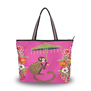 QMXO Vintage Monkey Chinoiserie Flowers Handbags and Purse for Women Tote Bag Large Capacity Top Handle Shopper Shoulder Bag