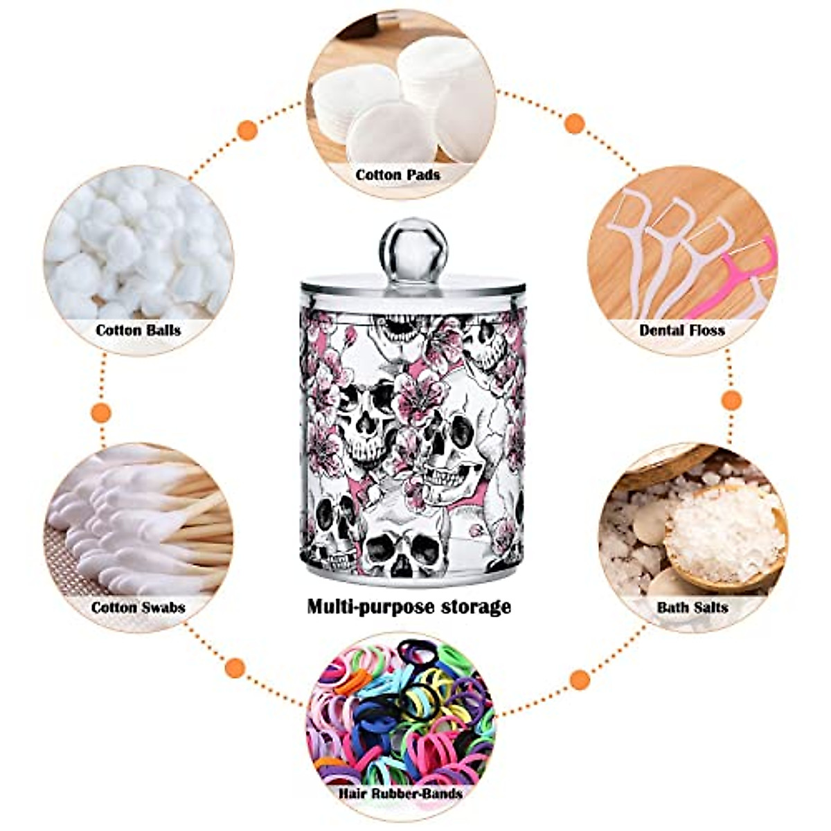 MNSRUU 2 Pack Qtip Holder Organizer Dispenser Pink Floral Skull Bathroom Storage Canister Cotton Ball Holder Bathroom Containers for Cotton Swabs/Pads/Floss