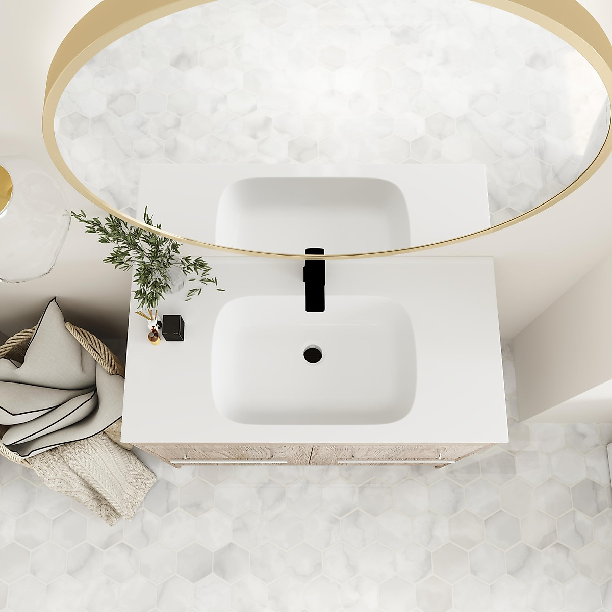 QuixotYDDZ 36" Bathroom Vanity with Sink, Freestanding Bathroom Sink Vanity with White Gel Basin Sink Top, Bathroom Storage Cabinet with 1 Adjustable Shelf for Small Space, White Oak