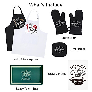 Mr and Mrs Gifts-Anniversary Wedding Gift for Couple,Christmas Bridal Shower Bachelorette Engagement for Bride, Newly Engaged,Registry Items,Kitchen Aprons with Oven Mitts Pot holder & Dish Towel