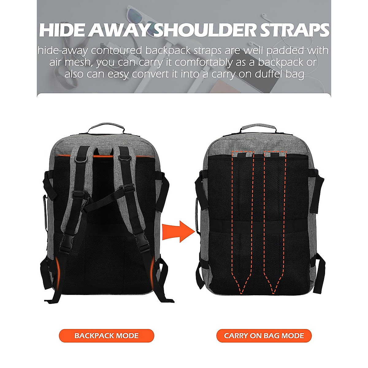 Hynes Eagle Carry on Backpack 38L Large Travel Backpack for Women Flight Approved Weekender Bag Laptop Backpack Men 15 inches Orange Grey with Black Grey