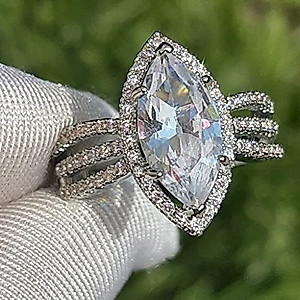 DCFSHEE Fashion Shiny Plated Silver Marquise Cut Cubic Zirconia CZ Halo Wedding Engagement Split Shank Band Ring Set for Women (US Size 8)