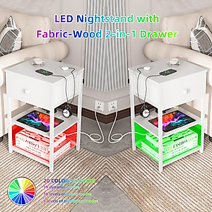 LTTDOUK LED Nightstands Set of 2 with Charging Station, Bedside Tables with USB Ports and Outlets, End Table with Fabric-Wood 2-in-1 Drawer, White Side Table for Bedroom, Living Room