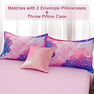 A Nice Night Galaxy Bedding Sets Outer Space Comforter 3D Printed Space Quilt Set Full 6Pcs Glitter Pink,for Children Boy Girl Teen Kids