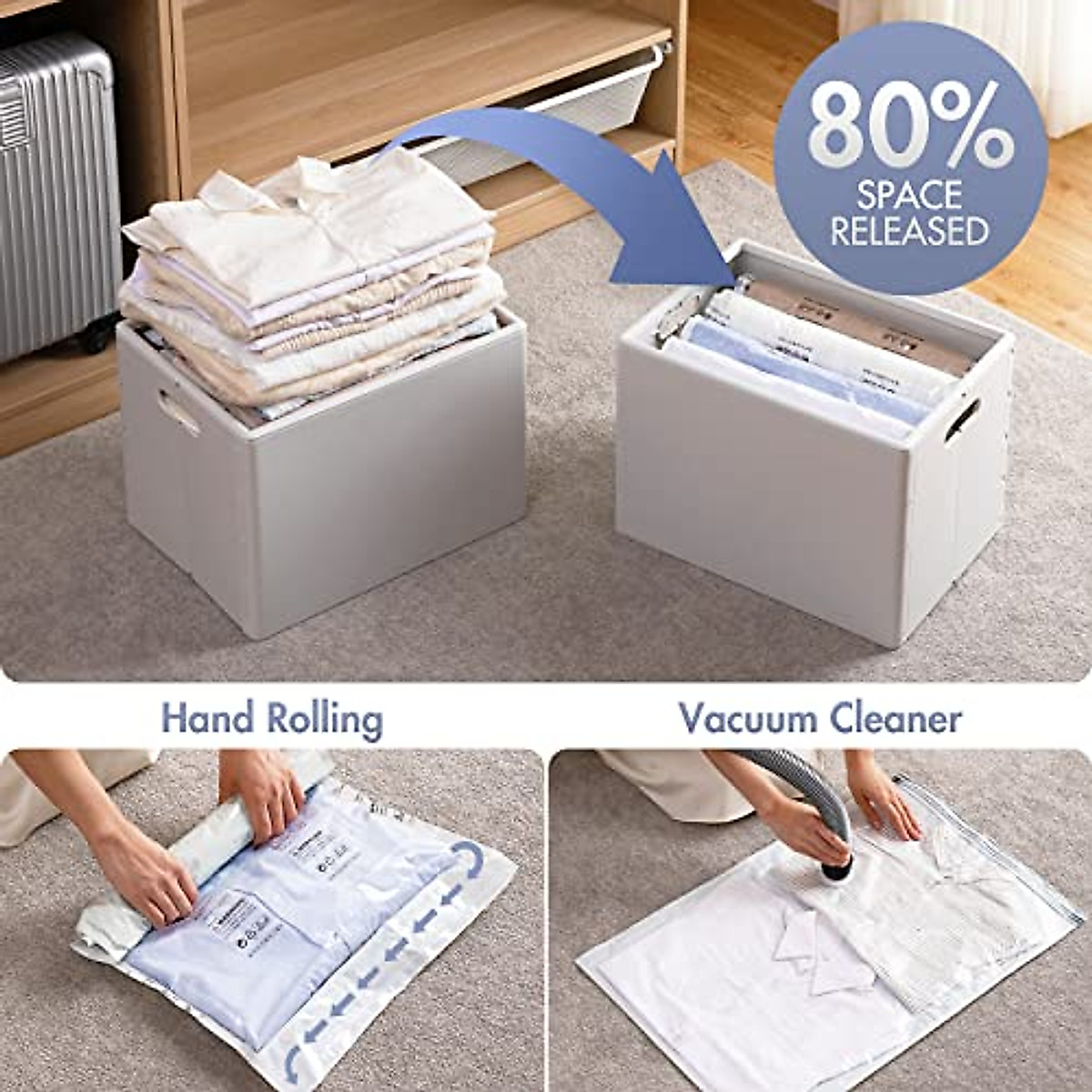 TAILINK Storage Bins 2 Pack 32L & Vacuum Storage Bags 9 Pieces, Collapsible & Stackable Storage Box Folding Storage Containers for Organizing Clothes, Toys, Books, 80% Space Released