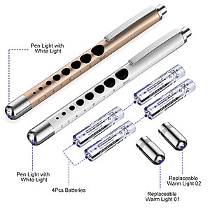 CAVN Pen Light for Nurses Medical with Pupil Gauge, Warm/White Light, Premium Aluminium Reusable Penlights for Doctors Nursing Students Rose Gold and White