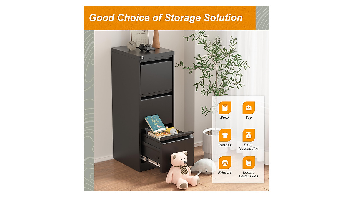 Pataku 3 Drawer Locking File Cabinet - Large Black Metal Storage Solution