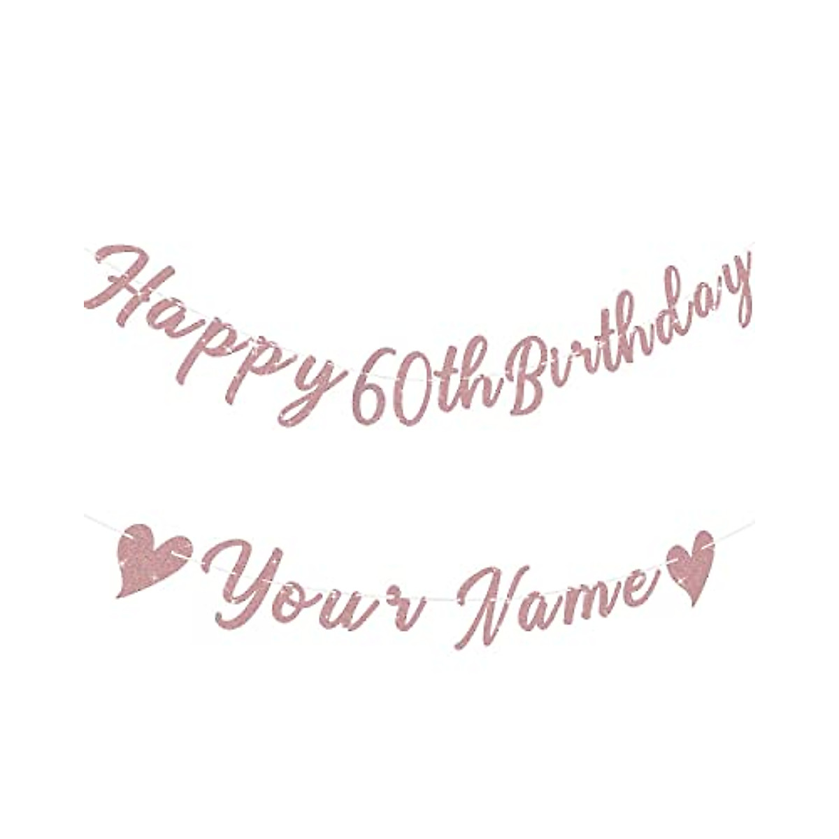 TopBashGo 102 Pcs Personalized Happy 60th Birthday Banner with Custom Name in Rose Gold Script, Bday Party Decorations Supplies Reusable Signs for Women