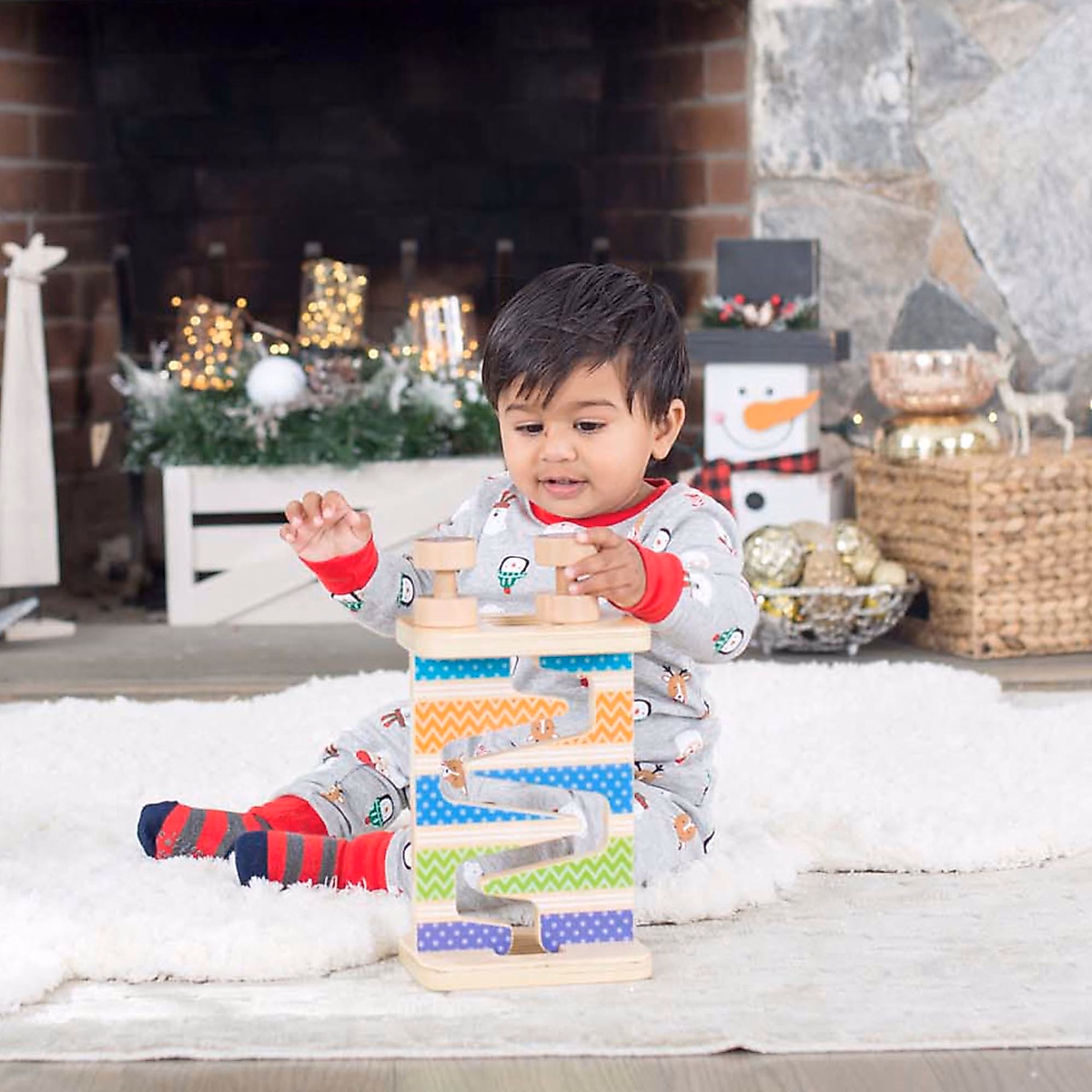 Melissa & Doug First Play Wooden Safari Zig-Zag Tower with 4 Rolling Pieces