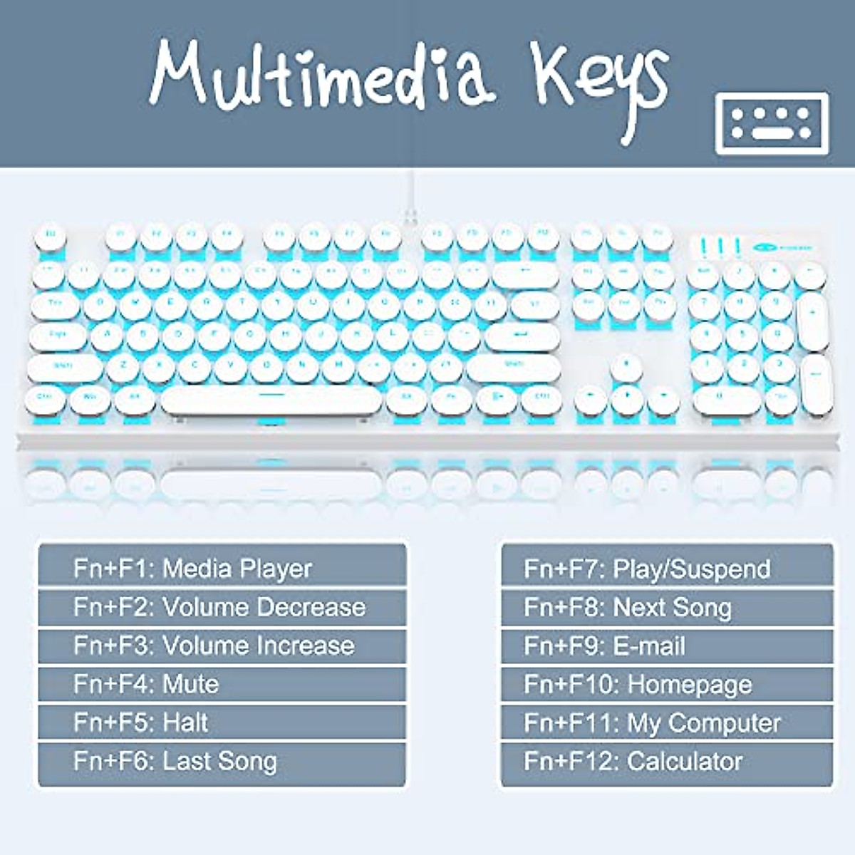 Camiysn Typewriter Style Mechanical Gaming Keyboard, White Retro Punk Gaming Keyboard with Blue Backlit, 104 Keys Blue Switch Wired Cute Keyboard, Round Keycaps for Windows/Mac/PC