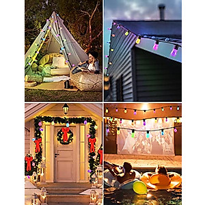 Jevindo Solar Outdoor String Lights, Portable 48ft IP65 Waterproof Patio RGB LED String Lights with 15 LED Bulbs Dimmable Multi-Color, Smart Bluetooth App Control, Balcony, Backyard, Camping, Travel