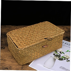 Garneck Rattan Storage Bins 2pcs Bin Storage Organizer Storage Bins with Lids Straw Basket with Lid Makeup Drawer Woven Basket Small Rattan Storage Organizer