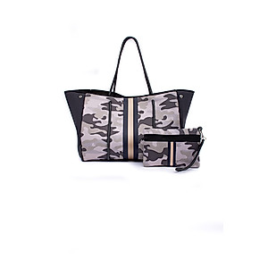 Greyson Safari Tote by Haute Shore, Green Camo W/Black & Gold Stripe, One size