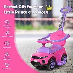HONEY JOY Ride On Push Car, Foot to Floor Ride On Sliding Car Push Handle & Detachable Guardrail, Sound & Lights, Under Seat Storage, Push Cars for Toddlers 1-3, Gift for Kids Boys Girls(Pink)