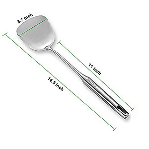 Wok Spatula Stainless Steel, Wide Metal Spatula with Hollow Long Handle Wok Utensils,Silver/14.7Inch