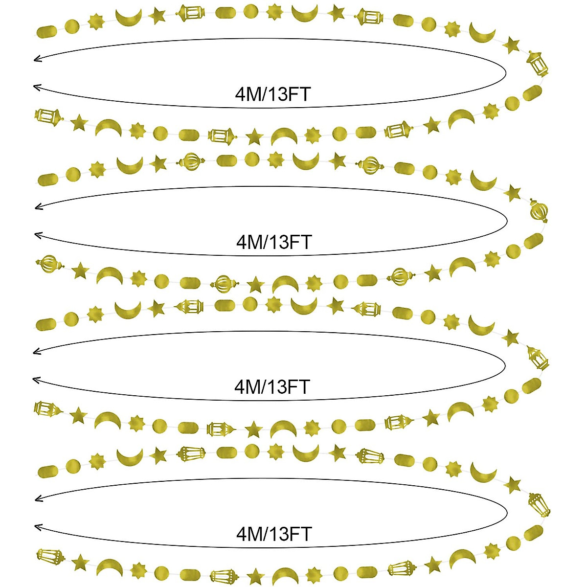 JKQ 4 Strings Gold Ramadan Mubarak Hanging Decorations Moon Star Lantern Muslim Ramadan Kareem Streamer Garlands Islamic Eid Mubarak Festival Celebration Wedding Birthday Party Ceiling Decorations
