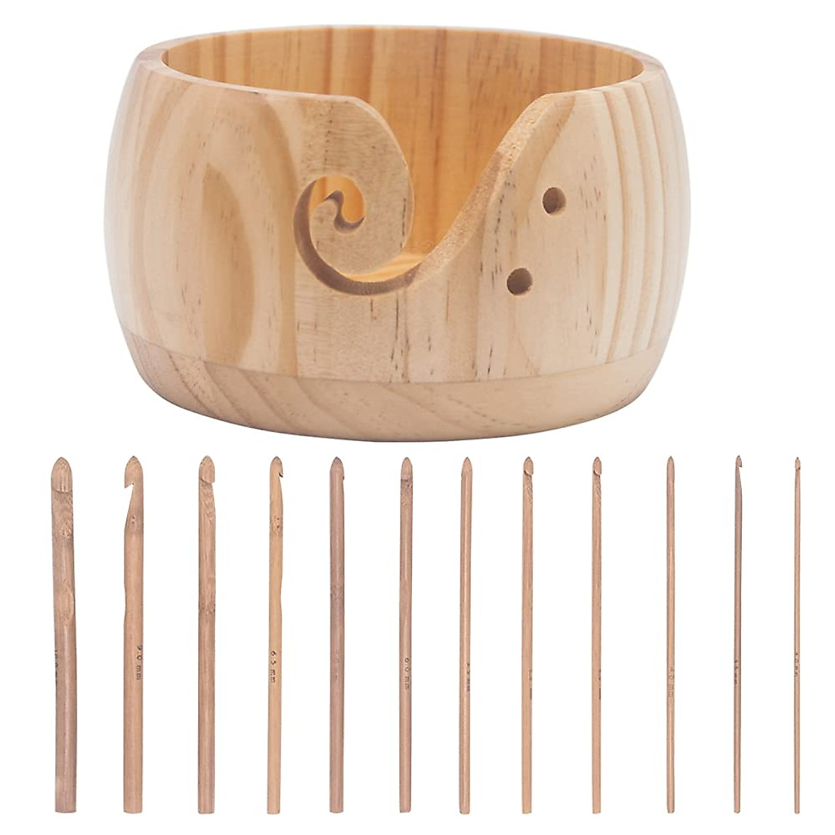 LAMXD Wooden Yarn Bowl with 12 pcs Bamboo Handle Crochet Hook,Wool Storage Handmade Crochet Kit Organizer,Skein Storage Bowl - Knitting & Crochet Yarn Storage Bowls & Accessories(Buff)