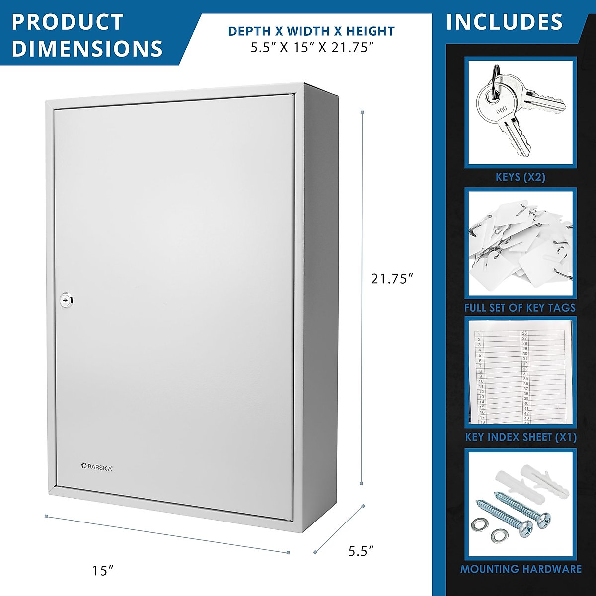 Barska Key Lock Key Cabinet Lock Box with Numbered Hooks and Tags - 240 POSITION - WHITE TAGS